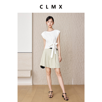 CLMX棉质垫肩无袖圆领系带T恤女夏季通勤高级气质短款收腰上衣