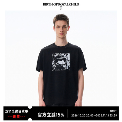 BIRTH OF ROYAL CHILD.BORC 人像标语做旧短袖重磅纯棉洗水印花