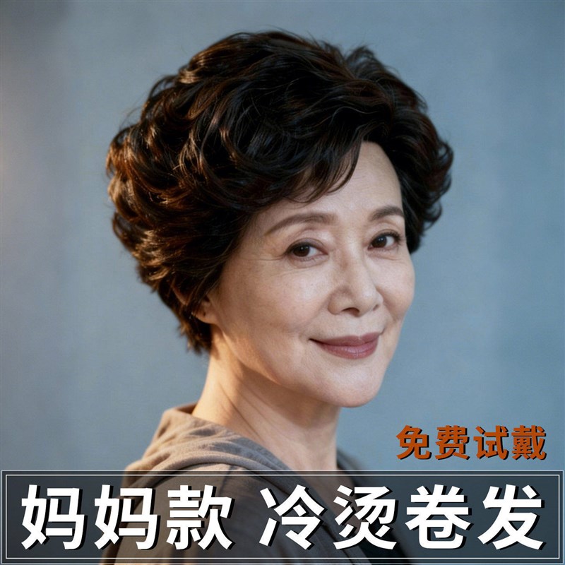 中老年假发女士全真发短卷发日常整顶遮白发轻薄自然妈妈款假发套