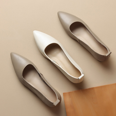 柔软羊皮简约冷淡风奶奶鞋2023秋季新品低跟OL尖头全皮浅口单鞋女