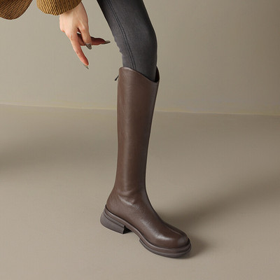 舒适大圆头bai搭高筒靴新款秋冬季后拉链V口骑士靴复古中跟牛仔靴