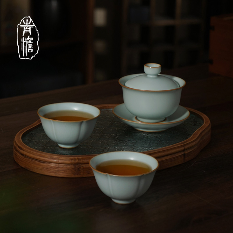 青澹汝窑盖碗套装家用泡茶碗景德镇功夫茶具陶瓷手工复古汝瓷