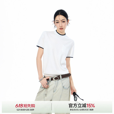 撞色领针织短袖T恤女夏季