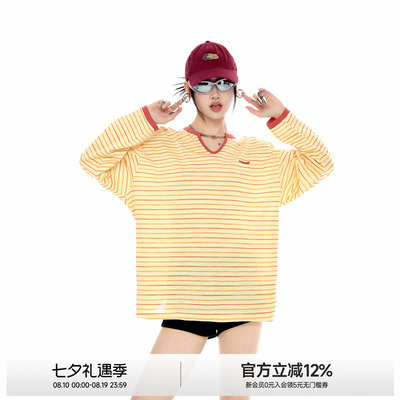 V领撞色条纹长袖T恤女夏季