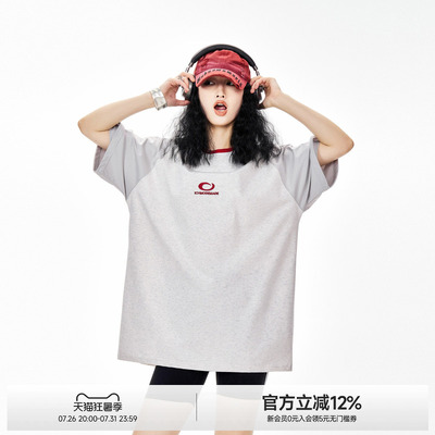 ICH MODE撞色插肩袖美式复古T恤上衣夏季新款简约休闲圆领短袖女