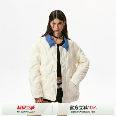 ICH MODE撞色翻领设计感菱形格外套女2025冬季百搭棉服棉衣上衣