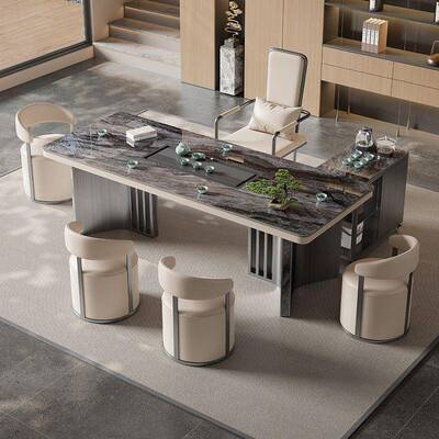 简轻奢岩板茶桌约现代办公室大气大茶几烧水壶一体厅泡茶OXN台客