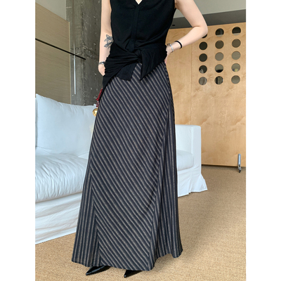 PRASE吕噜噜【斜影裙】夏季微胖显瘦气质设计感条纹半身A字长裙女