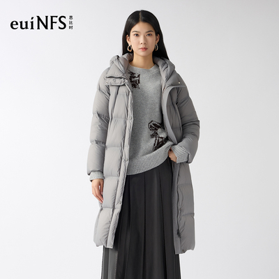 恩比时格雷系连帽长款羽绒服2025年冬季新款宽松加厚面包服外套