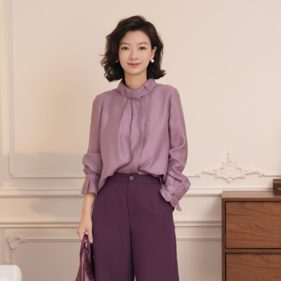 莱赛尔立领花苞领袖口紫色衬衣女