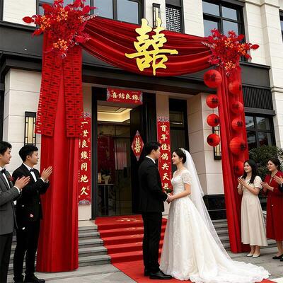 2026农村结婚庭院子婚礼布置自建房大门口婚房布幔布置装饰套装
