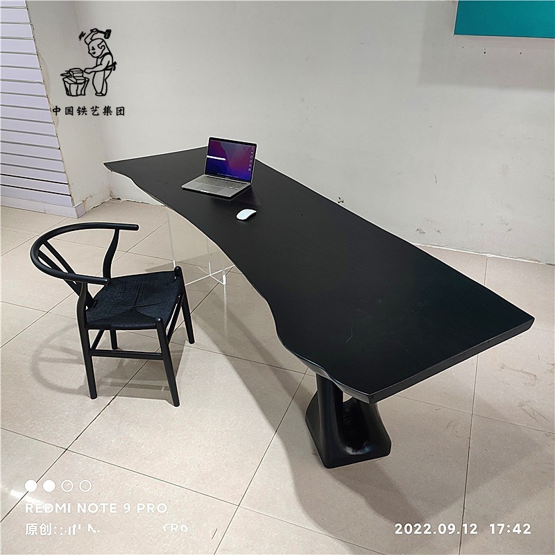 侘寂风碳化黑色桌面火烧实木餐桌原木大板桌工作台亚克力茶桌烟熏