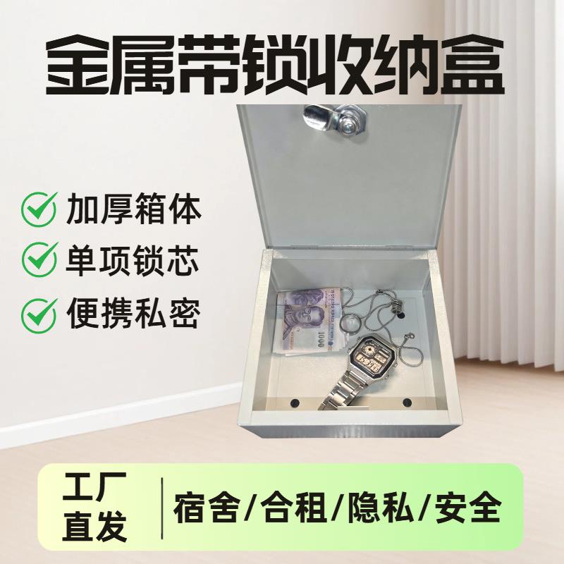 带锁金属收纳箱防盗上锁保管险盒柜子工具箱小型保险箱铁盒家用