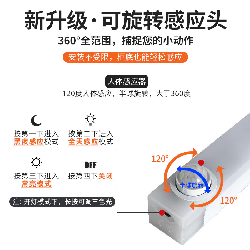 可调角度人体感应LED小夜灯充电自粘磁吸酒柜衣柜鞋柜走廊人走灭