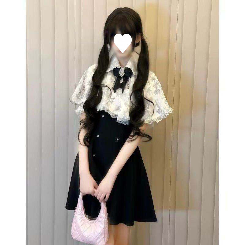 日系甜美可拆卸印花披肩短袖裙子春夏可爱蝴蝶结斗篷连衣裙子套装