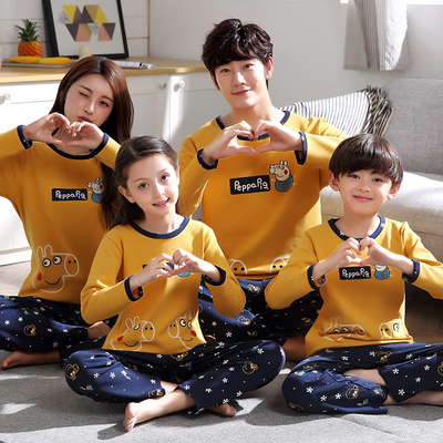 亲子睡衣长袖纯棉春秋季一家三口家庭装男童女孩儿童家居服母子装
