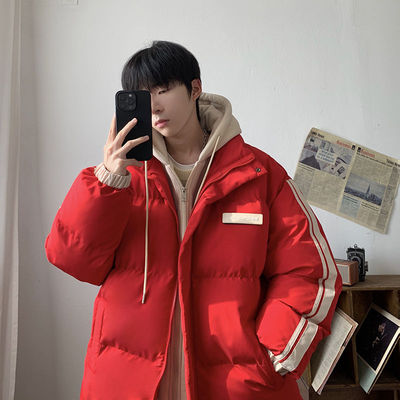 红色假两件羽绒服学生宽松百搭冬季潮男女情侣装oversi风面包服袄