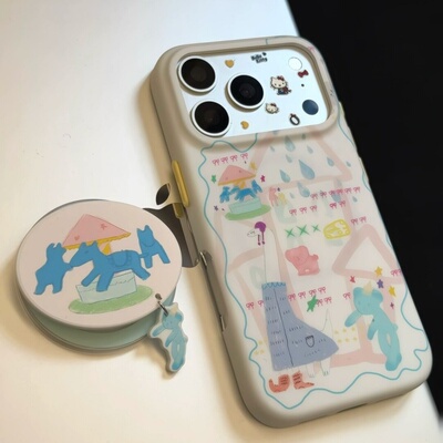 适用iPhon苹果17promax涂鸦旋转17pro木马磁吸支架17手机壳新款防摔16pro旋转木马旋转图案彩色卡通可爱15pro