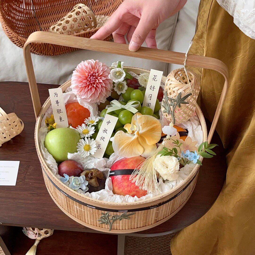 (刘咔咔)中秋花篮月饼礼盒竹编手提篮中秋节糕点竹篮子插花鲜花