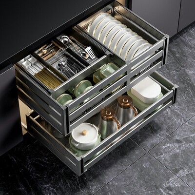 470/420铝合金厨房橱柜双层开门式抽屉调味碗碟太空铝抽屉式拉篮