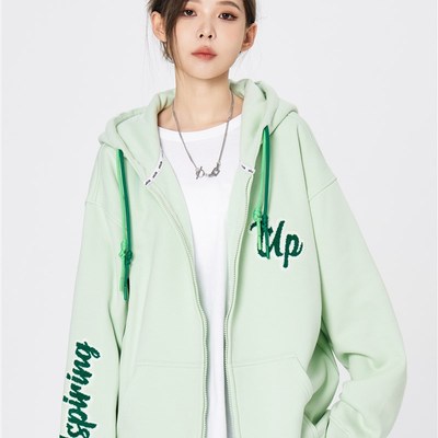 Unizzle双色帽绳毛巾绣开衫连帽加绒卫衣青春流行复古休闲潮男女