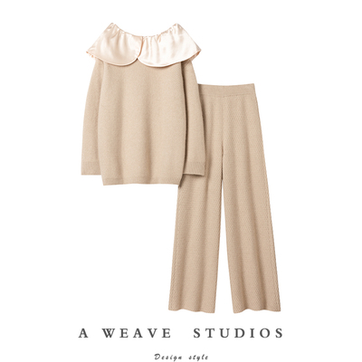 爱到骨子里!加厚绸缎领羊绒衫女一字肩纯羊绒毛衣直筒阔腿裤套装