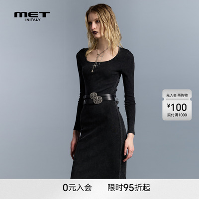 MET initaly修身连衣裙女长袖方领收腰显瘦裙子早春时尚气质穿搭