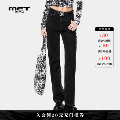 MET initaly麦特美式复古黑色直筒牛仔裤女高腰显瘦裤子休闲长裤