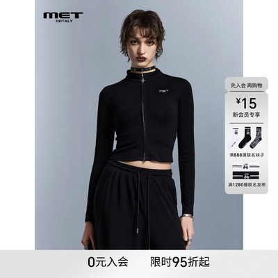 MET initaly早春酷飒风黑色拉链针织开衫女短款修身立领外套