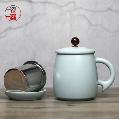 汝窑泡茶杯茶水分离带盖过滤办公室陶瓷杯子男士女士大容量马克杯