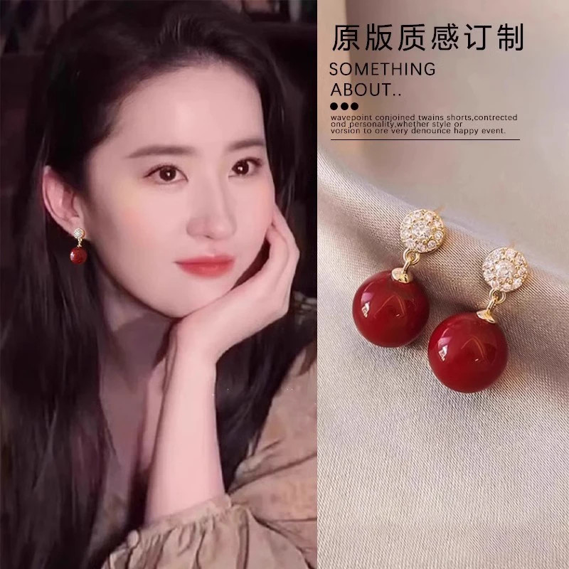 耳夹无耳洞纯银耳钉刘亦菲同款红色珍珠女春夏新年耳饰新款耳环