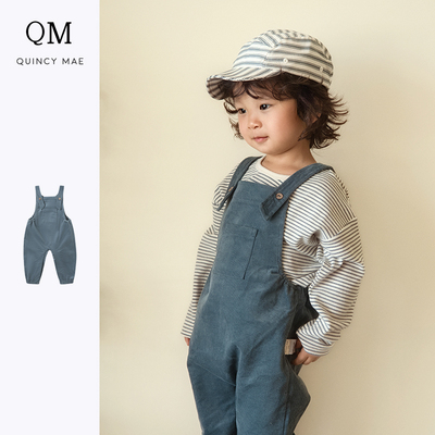 Quincy Mae童装男宝宝秋季新款深海蓝帅气背带裤休闲出街复古百搭