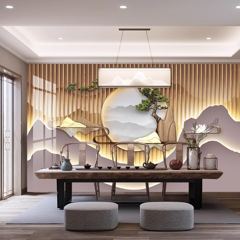 新中式迎客松竹木纤维集成板客厅电视背景墙板茶室酒店前台护墙板