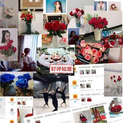 彷真真玫级瑰花高假感逼彷真花婚庆客厅装饰70835插花红玫瑰塑料