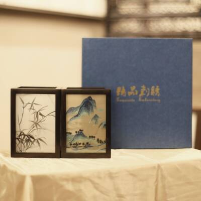 绣摆03304紫光檀木笔筒手意工湘刺绣双件面绣创中国风企业礼物礼