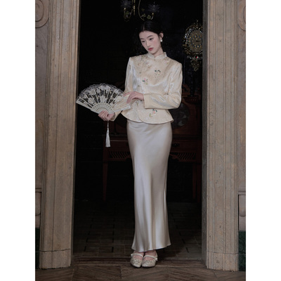 MOPASSANT【镜中花】新中式订婚新娘白色刺绣醋酸套装