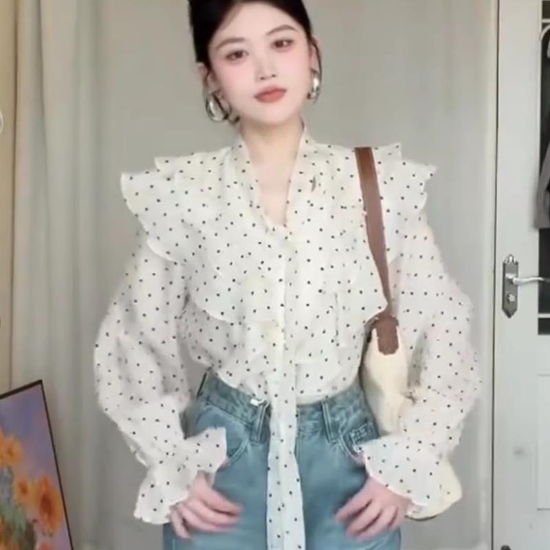 法式荷叶边波点雪纺衬衫女夏季2025新款高级感独特别致长袖上衣