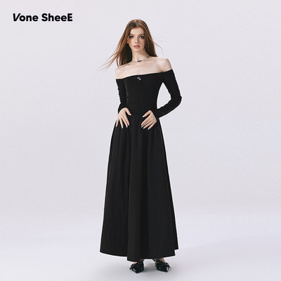 Vone SheeE一字肩长袖辣妹连衣裙修身显瘦黑色裙子女2026新款早秋