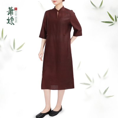 萧娘【云垂】三经绞罗红云纱连衣裙桑蚕丝立领显瘦新中式长裙5747