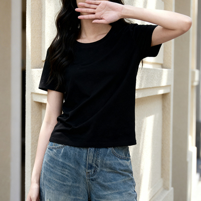 ROCOCO/洛可可黑色圆领短袖T恤女春秋简约百搭宽松显瘦纯棉打底衫