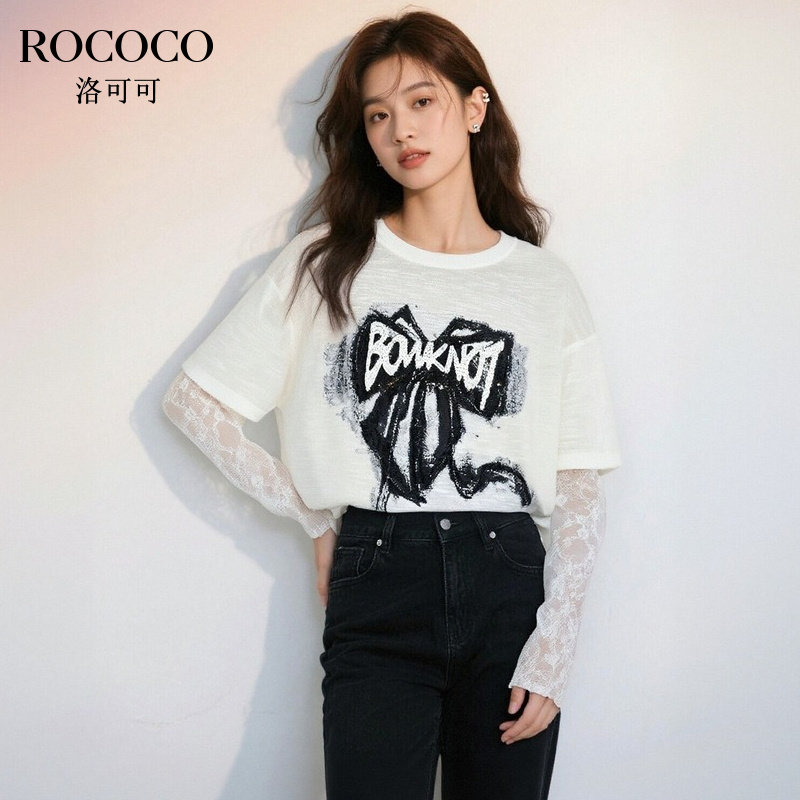 ROCOCO/洛可可假两件短袖针织衫女宽松百搭罩衫气质休闲圆领上衣