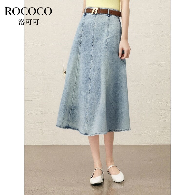 ROCOCO/洛可可牛仔高腰半身裙2025夏季新款复古中长款A字版型伞裙