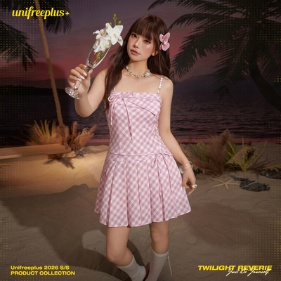 UNIFREEPLUS大码粉色格子吊带裙