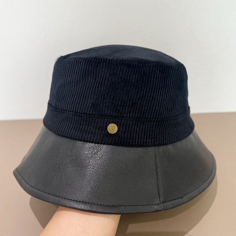 设计师PU皮质拼接渔夫帽女秋冬户外透气防晒遮阳水桶帽显脸小盆帽