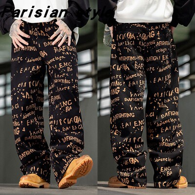 巴黎风潮牌复古字母涂鸦牛仔裤