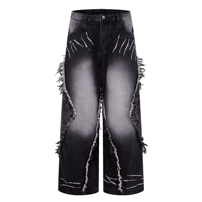美式高街扎染毛边宽松阔腿牛仔裤