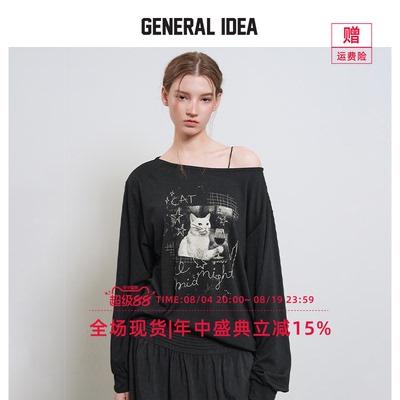 GENERAL IDEA BY BUMSUK 韩国正品 猫咪斜肩圆领T恤长袖休闲女