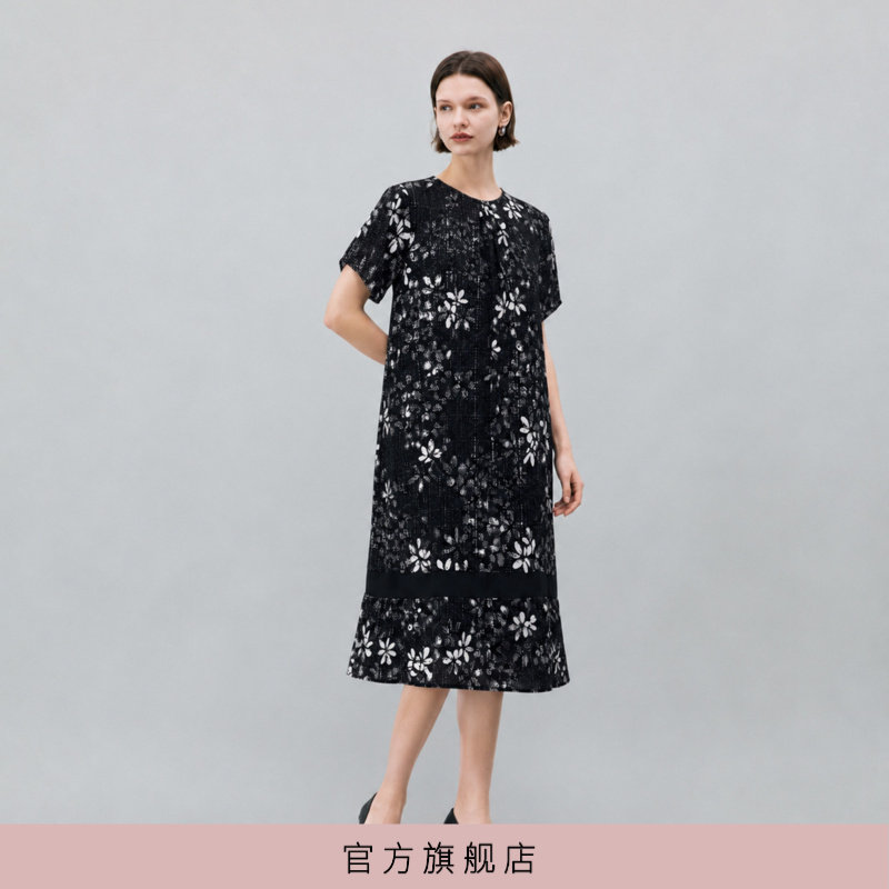 【KOREANO】洋气黑底枝叶印花系带短袖连衣裙26R4-LT8006(TUN)B