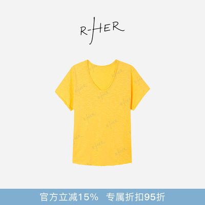 RHER STUDIO“淡黄短袖”夏季V领宽松显瘦纯色短袖T恤休闲百搭TT3