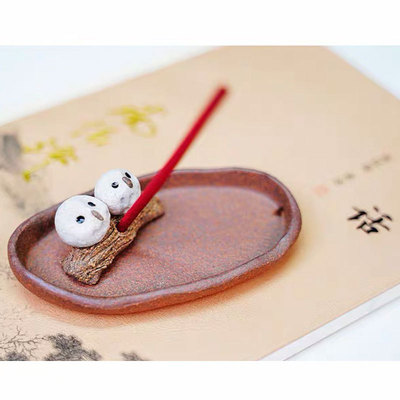 HECHIMON/信乐烧/椭圆小猫头鹰香笠盘